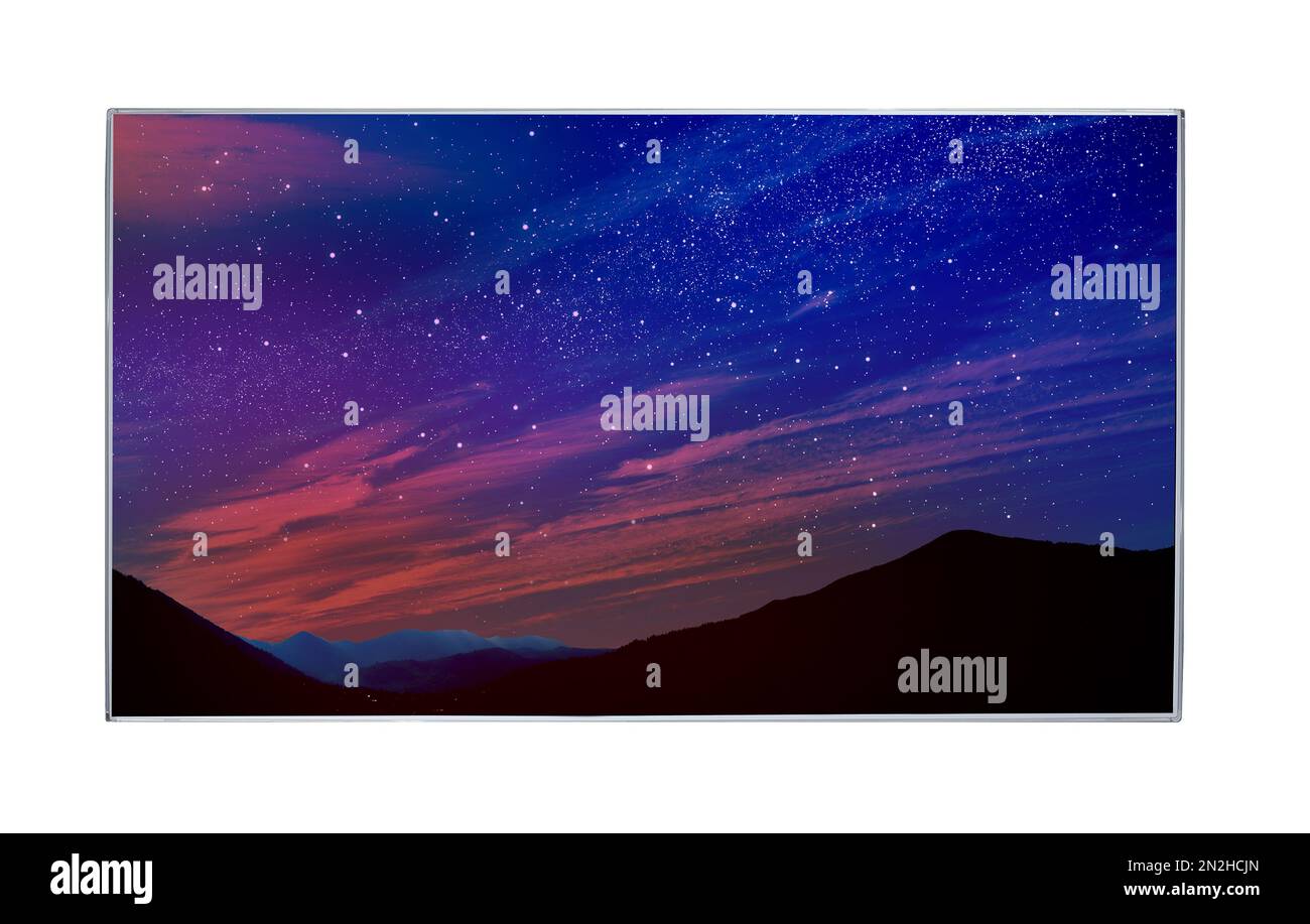 Modern wide screen TV monitor showing fantastic mountain landscope ...