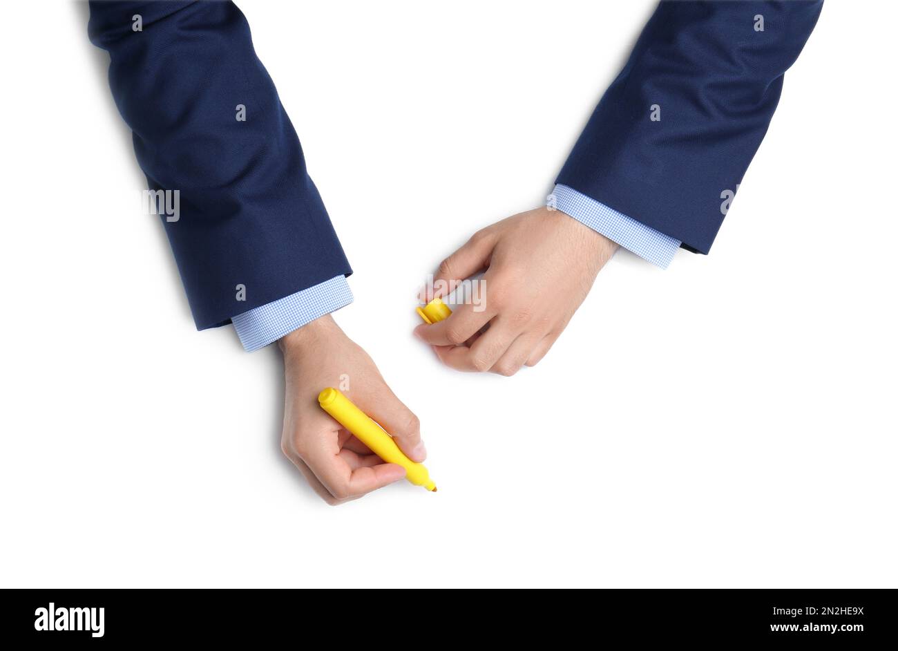 Man with marker on white background, top view. Closeup of hands Stock ...