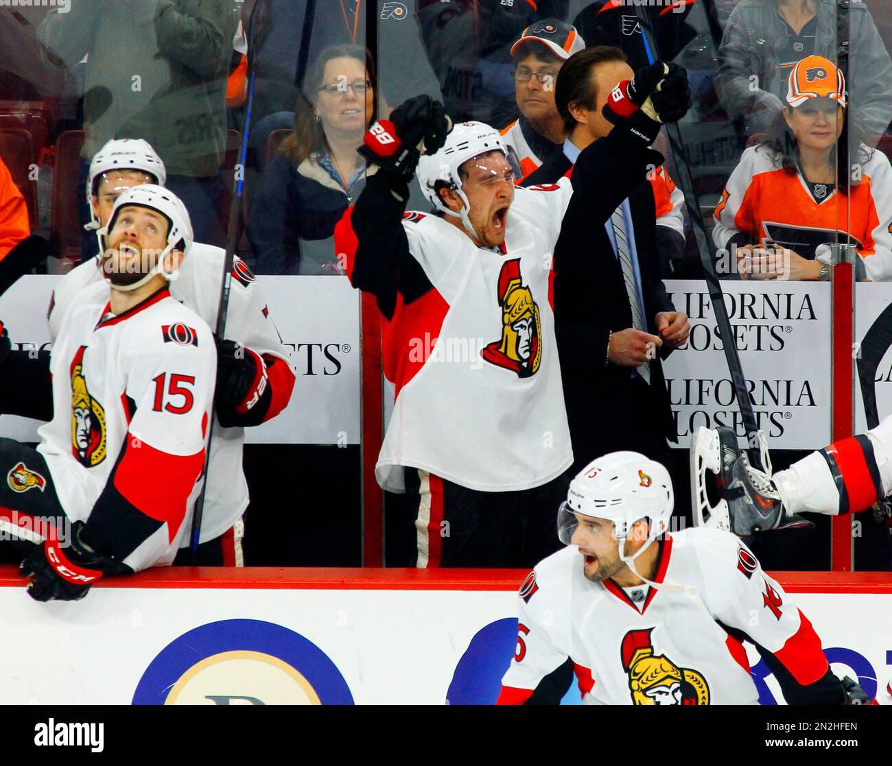 Ottawa Senators' Mark Stone raises his arms and shouts as the Senators ...
