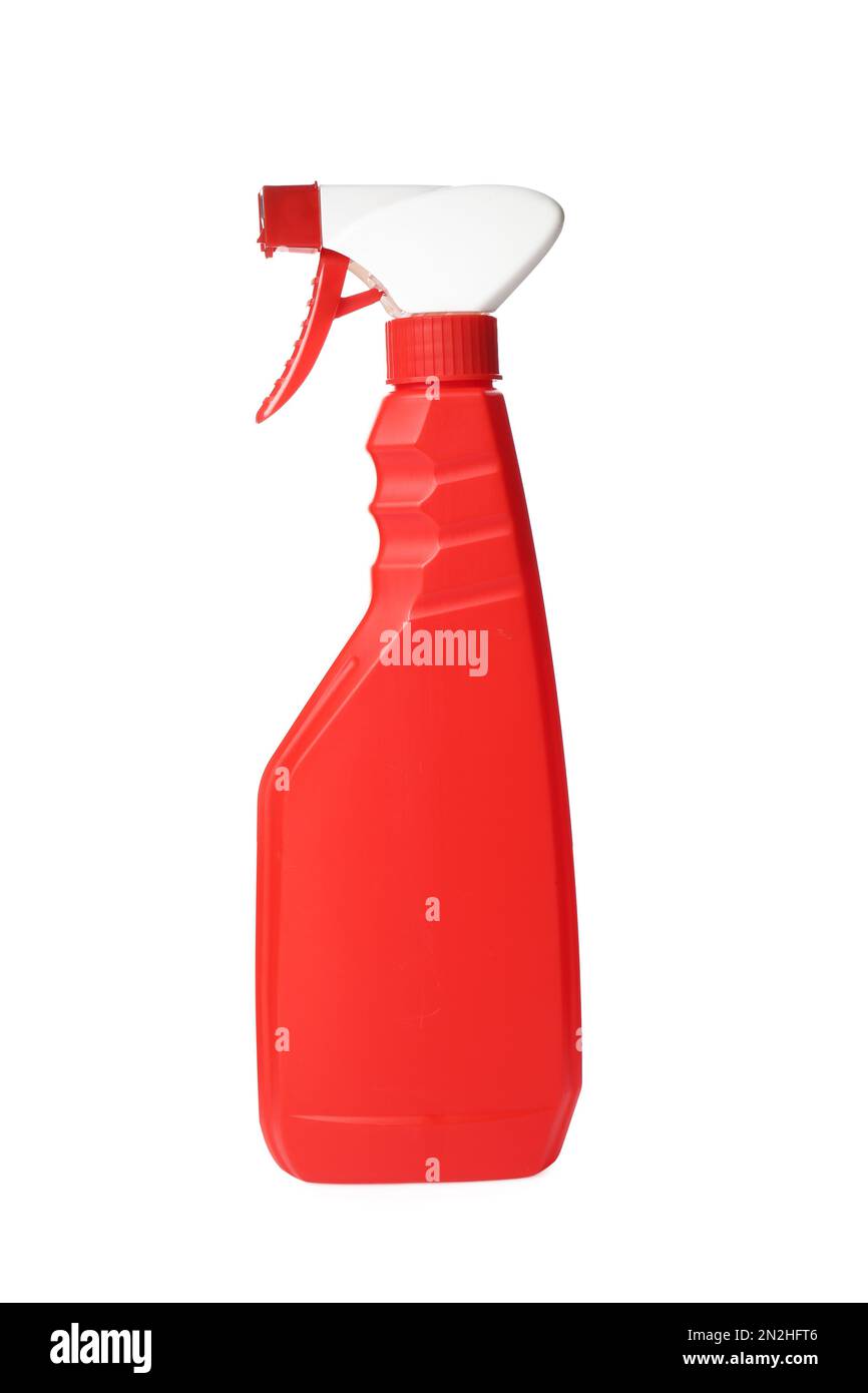 Red spray bottle of cleaning product isolated on white Stock Photo - Alamy