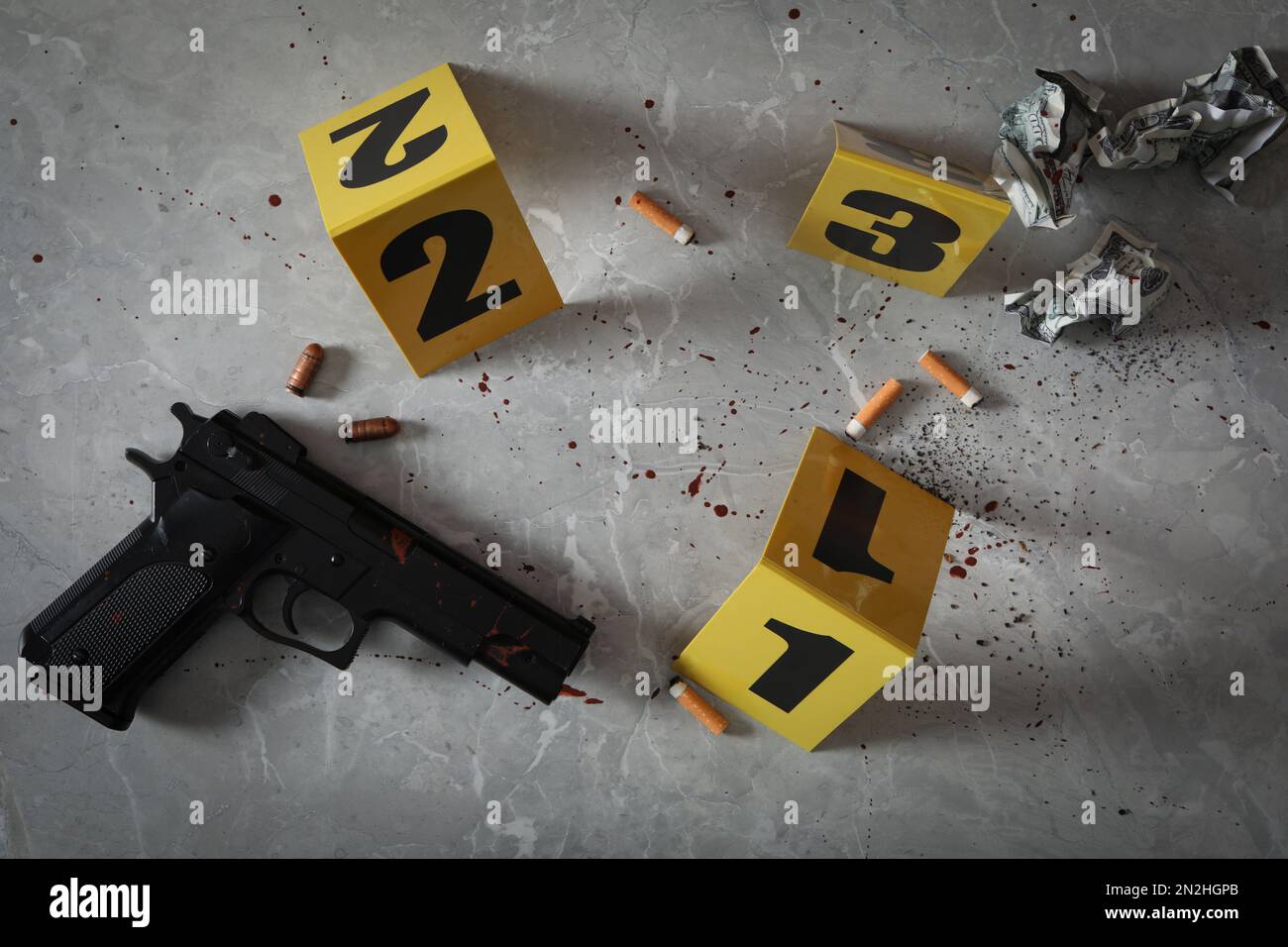 Evidences and crime scene markers on light grey marble background, flat ...
