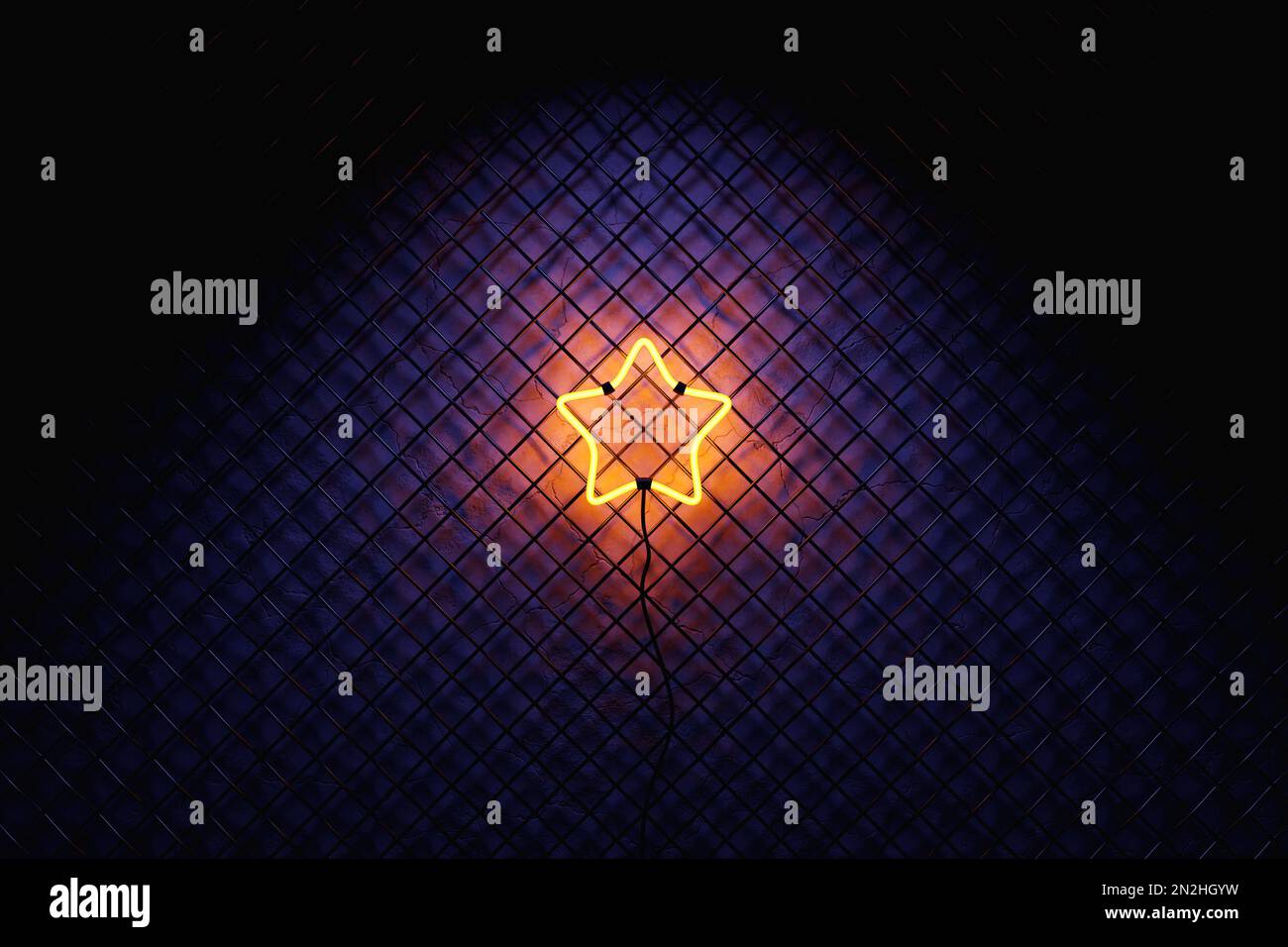 3D illustration of the neon yellow star arrow on a mesh wall. Realistic ...