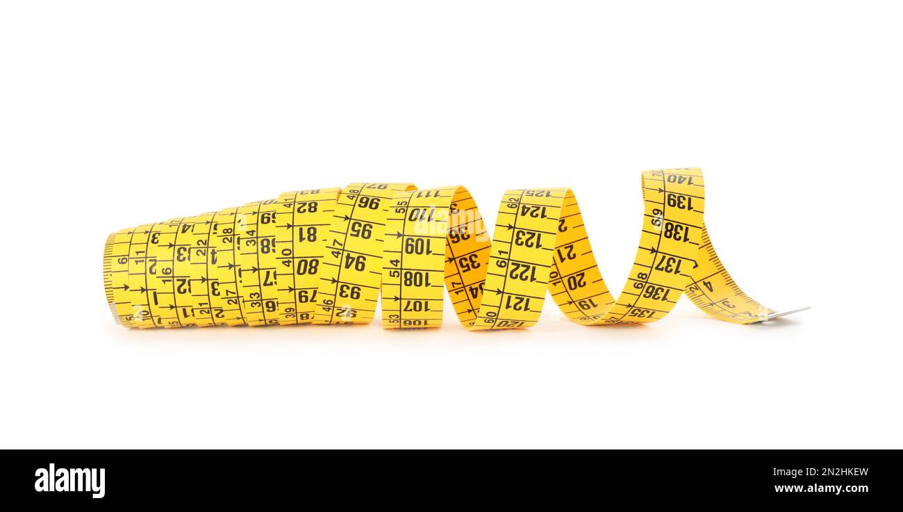 New yellow measuring tape isolated on white Stock Photo - Alamy