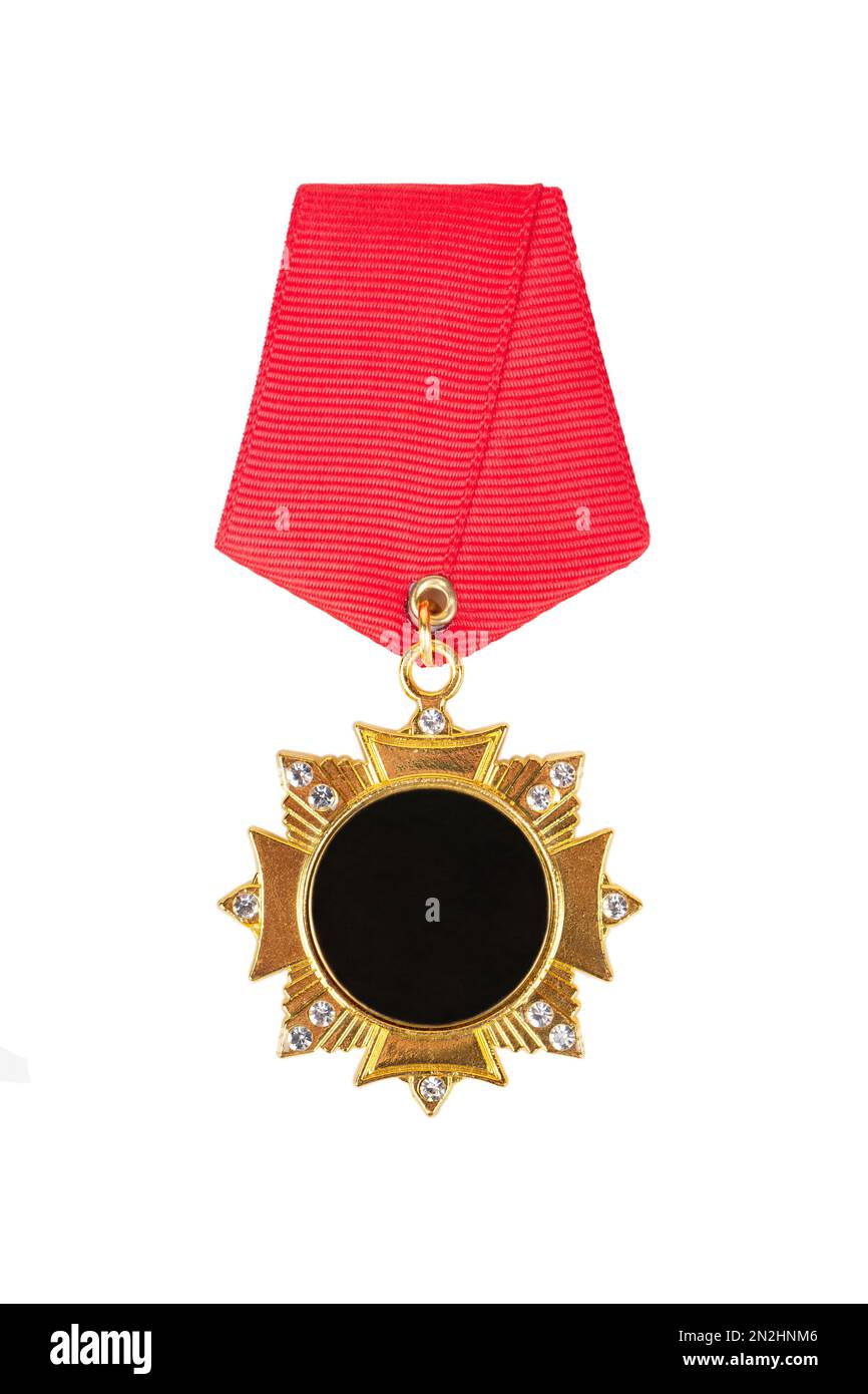 Gold medal in the shape of a star with a red ribbon on the chest ...