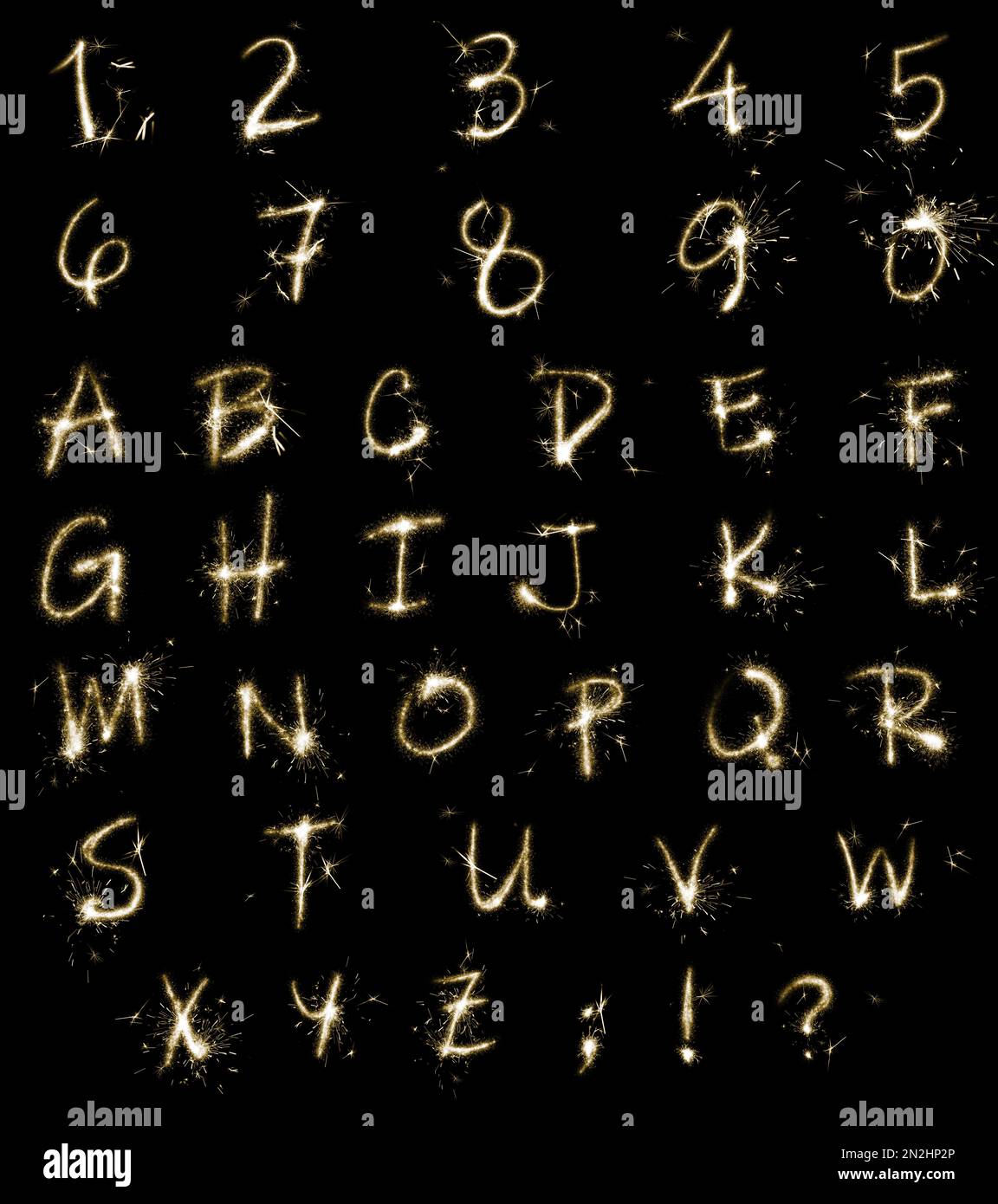 Set with letters and numbers made of sparkler on black background Stock ...
