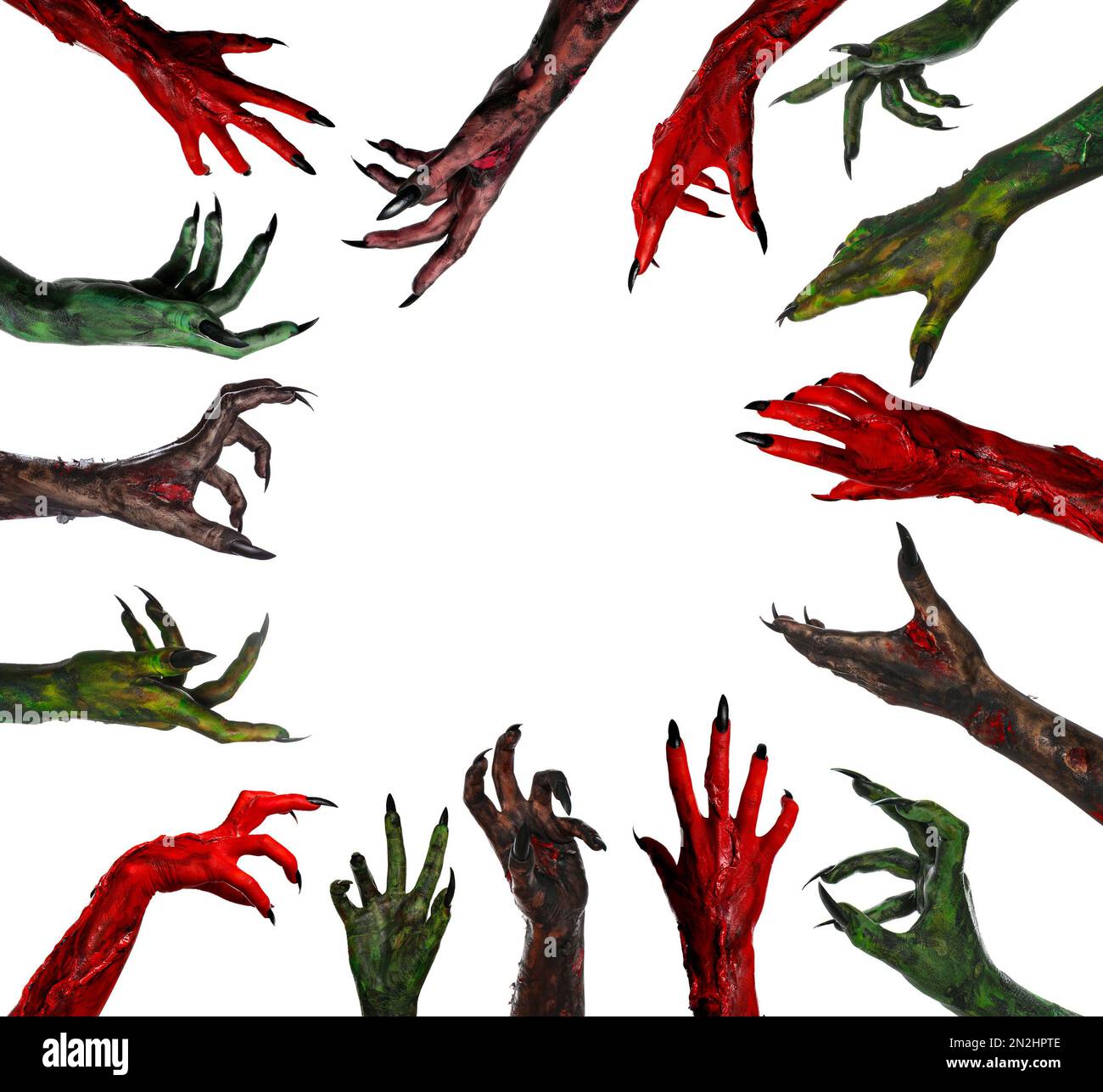 Collage with photos of scary monsters on white background, closeup ...