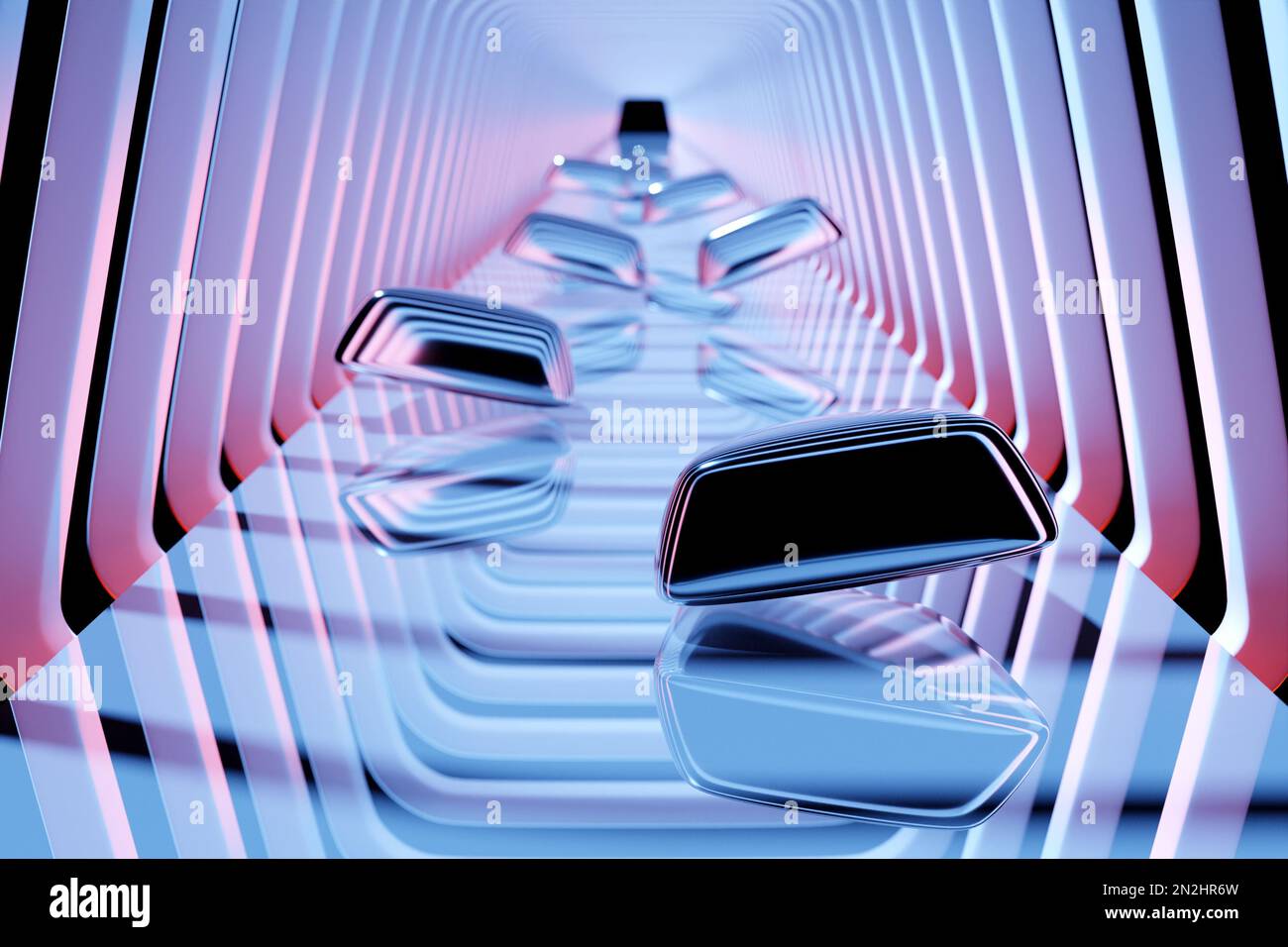 3d illustration blue square corridor with geometric walls. Close-up of ...