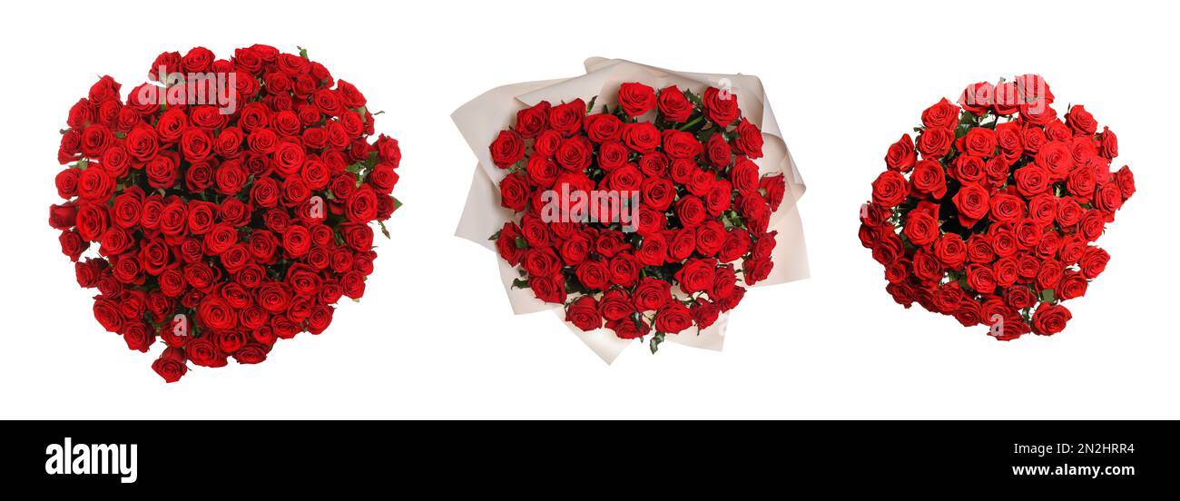 Set with beautiful bouquets of red roses on white background, top view ...