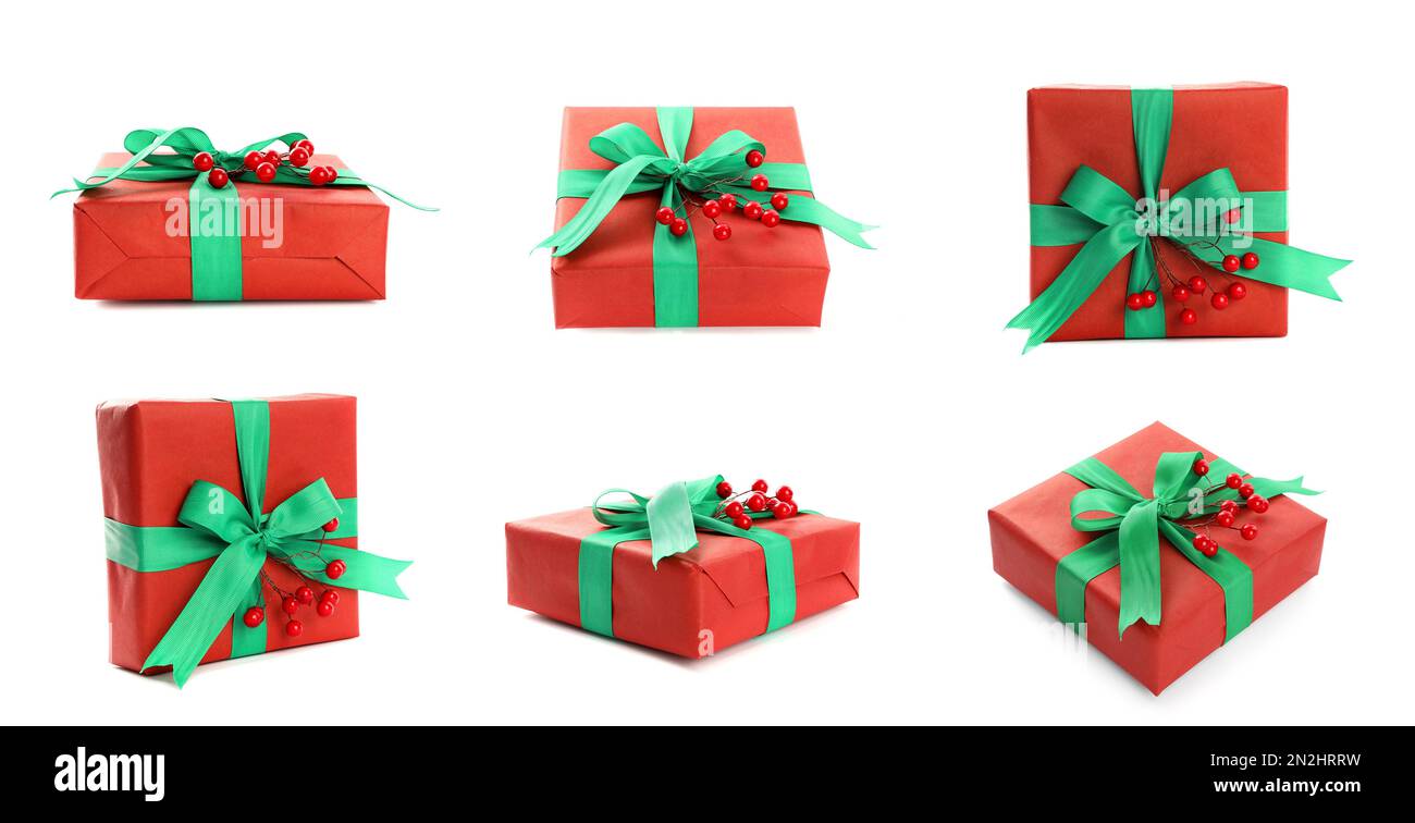 Collage with Christmas gift box on white background, views from ...