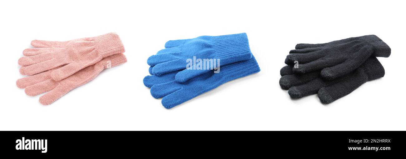 Set of woolen gloves on white background. Banner design Stock Photo - Alamy