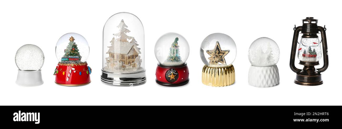 Set of different beautiful snow globes on isolated on white. Banner ...