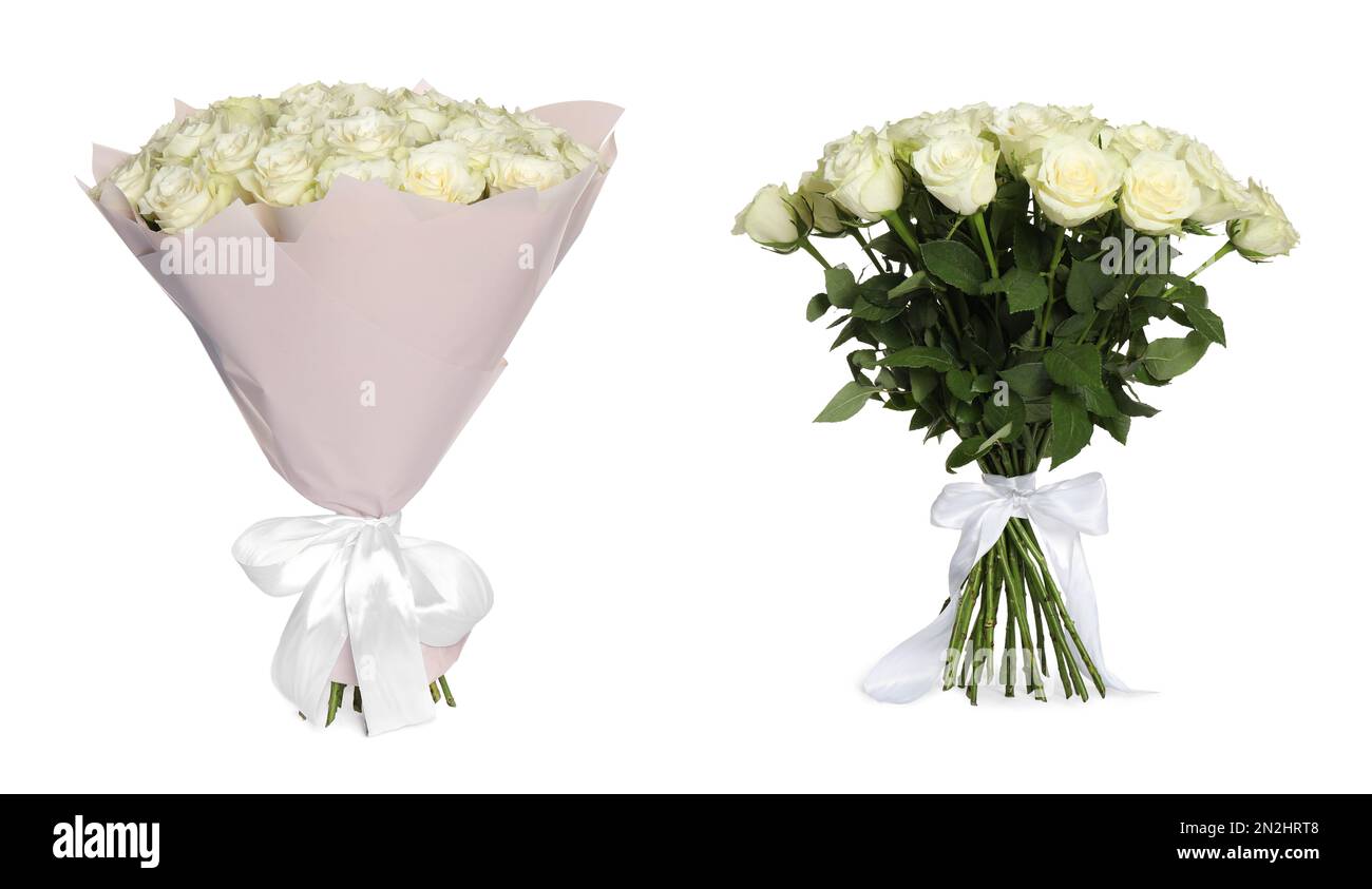 Two beautiful rose bouquets on white background Stock Photo - Alamy