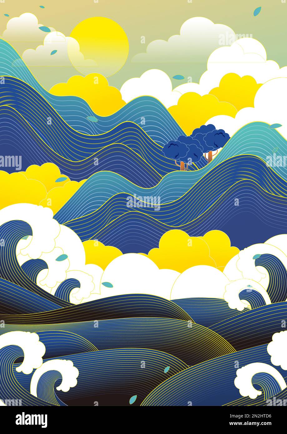 Asian, Ancient, Traditional, Chinese, Classical, Auspicious, Sea Wave ...