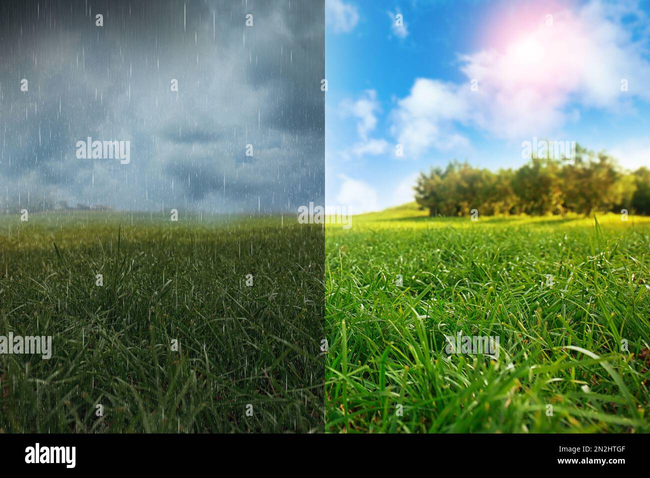 Green field during sunny and stormy weather, collage Stock Photo - Alamy