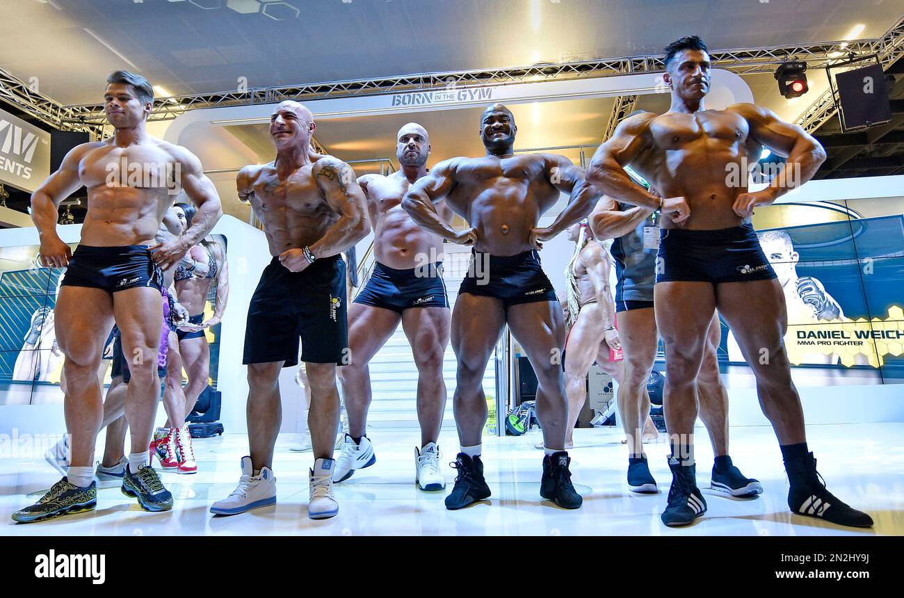 Bodybuilders are showing their muscles to visitors at the FIBO Power, a ...