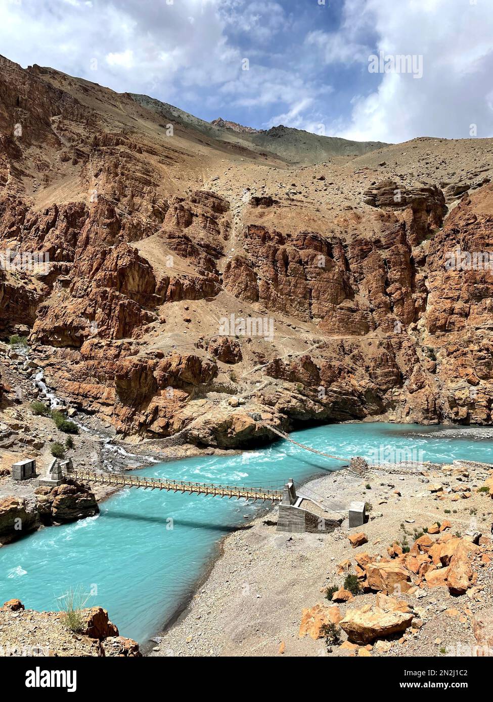A flowing river surrounded by rocky Ladakh & Zanskar mountains Stock ...