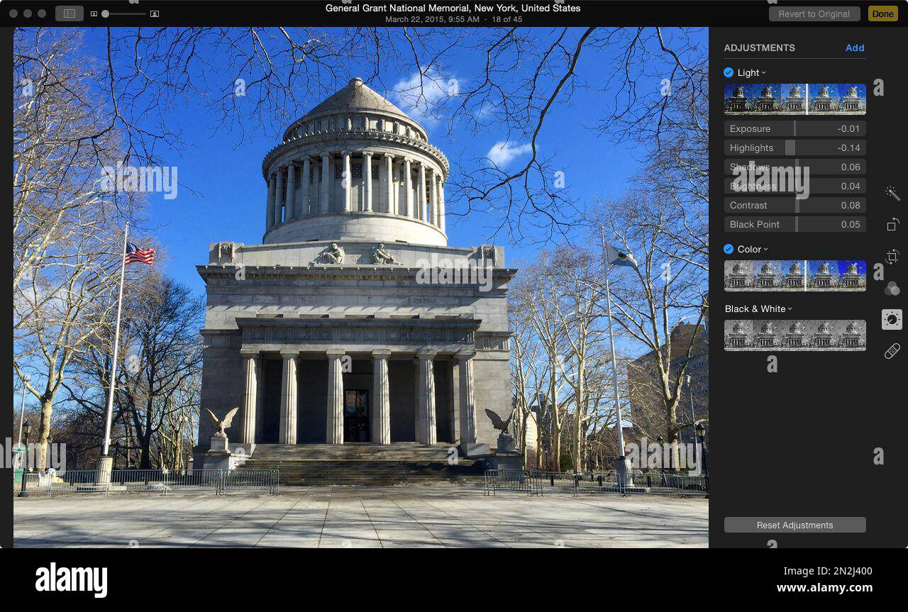 This screen shot shows picture adjustment tools, at right, within Apple ...