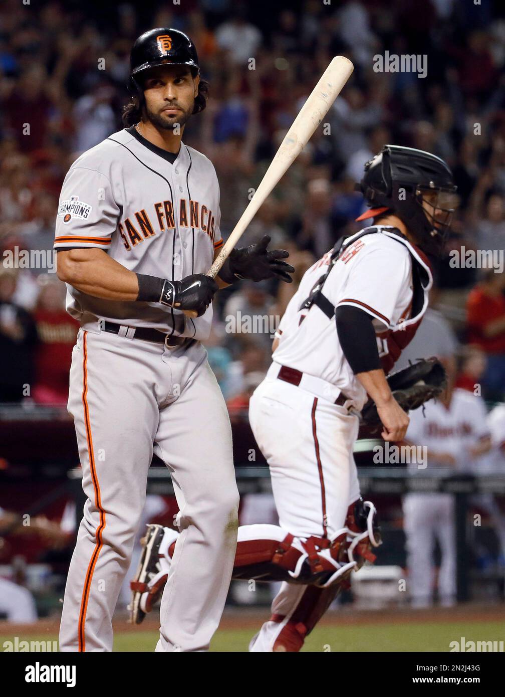 San Francisco Giants' Angel Pagan looks away after striking out to end ...