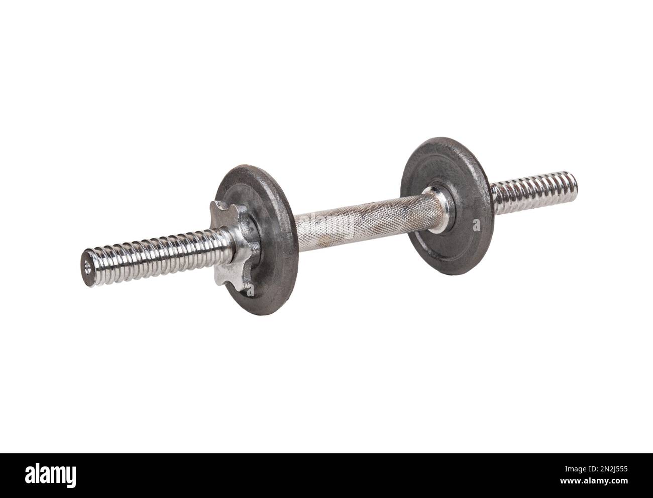 Metal, slightly rusty stacked dumbbell isolated on a white background ...