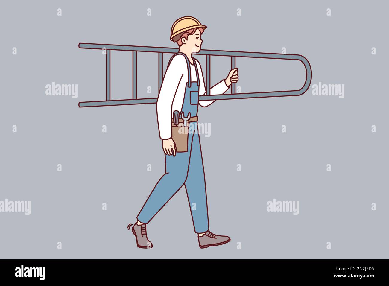 Man professional repairman in overalls carries stepladder on shoulder ...