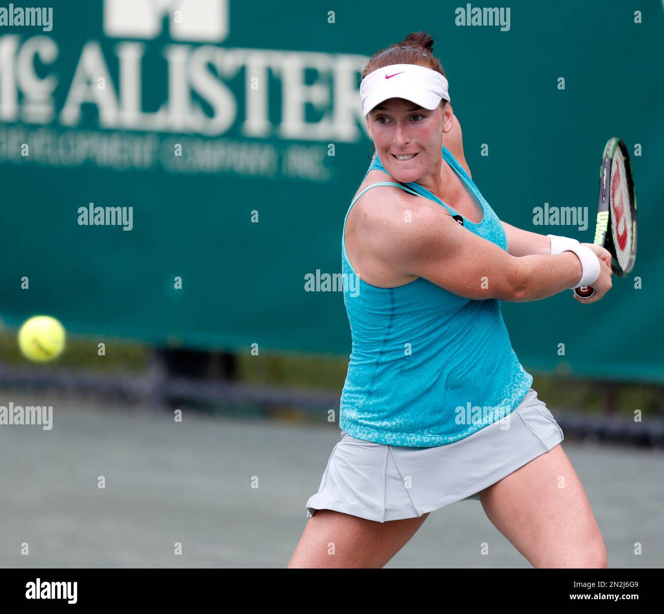 Madison Brengle returns to Edina Gallovits-Hall during a match at the ...