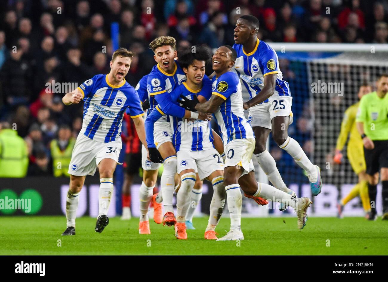Kaoru Mitoma of Brighton is mobbed after scoring during the Premier ...