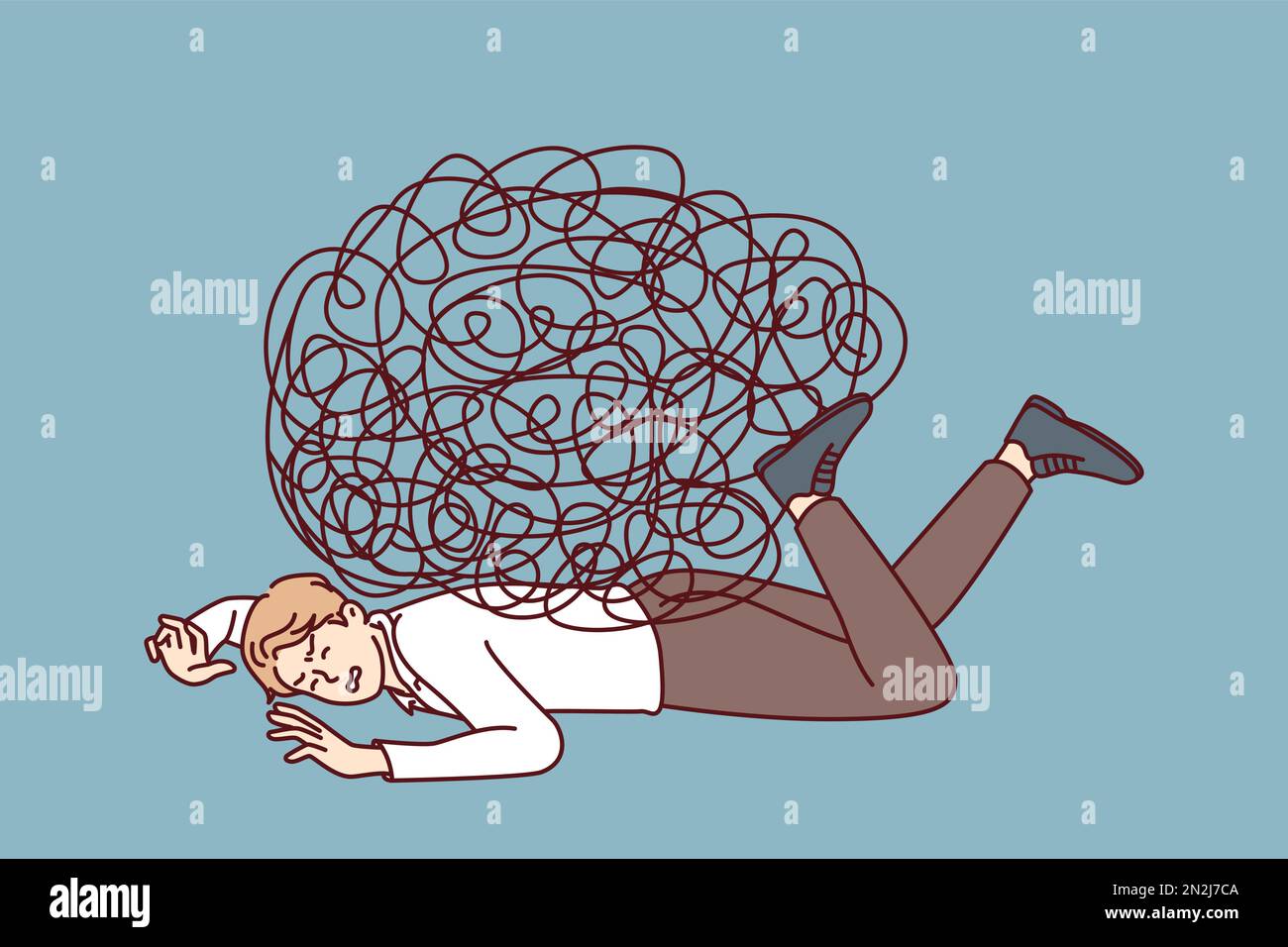 Depressed businessman lies on ground face down under heavy load of ...