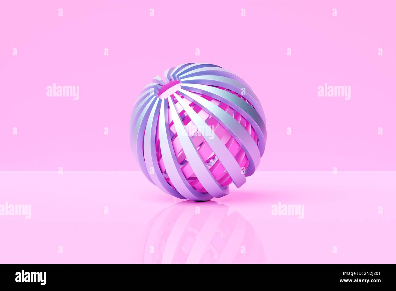 3D illustration of a blue sphere with many faces and holes on a pink ...