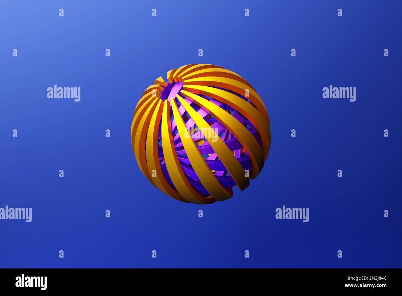 3D illustration of a yellow sphere with many faces and holes on a blue ...