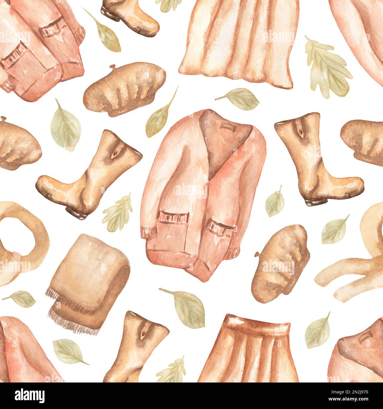 Cute hand dran watercolor autumn cloths pattern with boots, skirt, hat ...