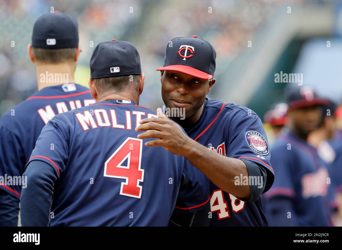 Minnesota Twins right fielder Torii Hunter greets manager Paul Molitor ...