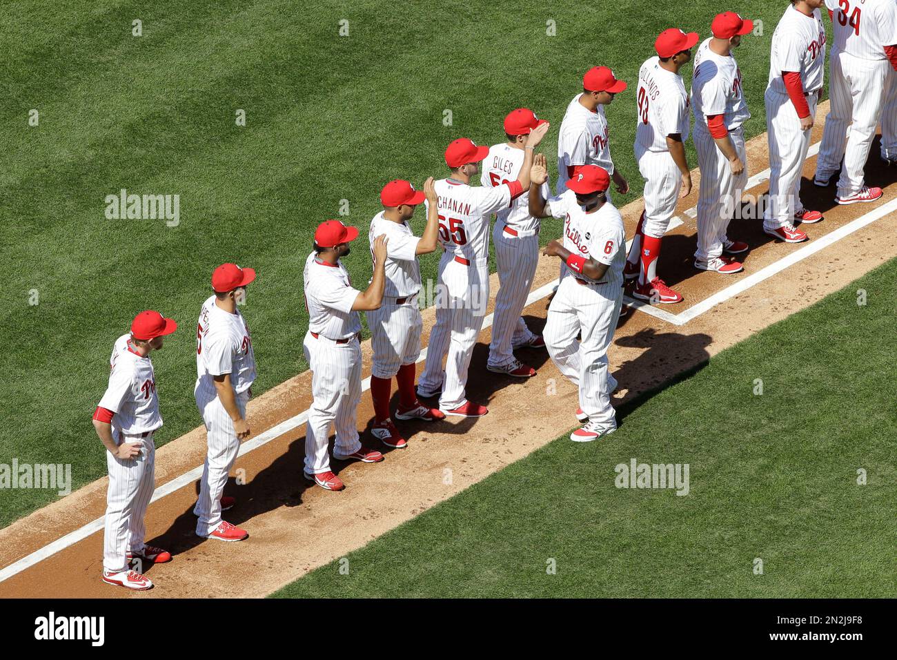 Philadelphia Phillies first baseman Ryan Howard (6) greets teammates ...