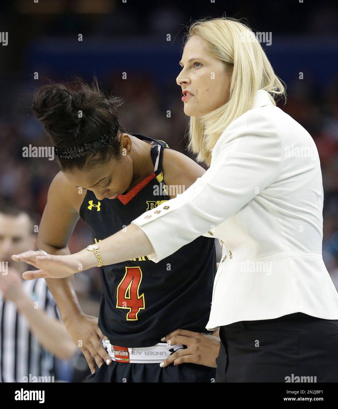 Maryland head coach Brenda Frese speaks to Maryland guard Lexie Brown ...