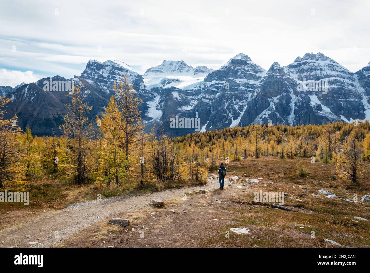 Hiking the Valley of Ten Peaks track in autumn, Banff national Park ...