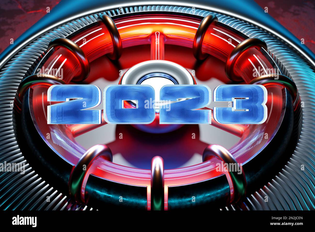 3d illustration Futuristic tech postcard with the year 2023 on the ...