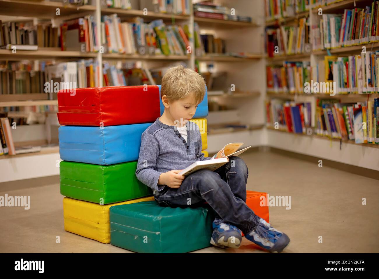 Adorable little child, boy, sitting in library, reading book and ...