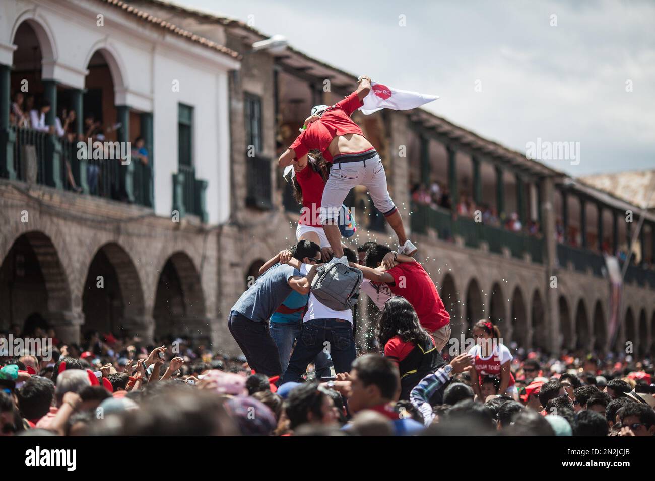 Faithful build a human tower in the celebration of the "Jala Toro" or ...