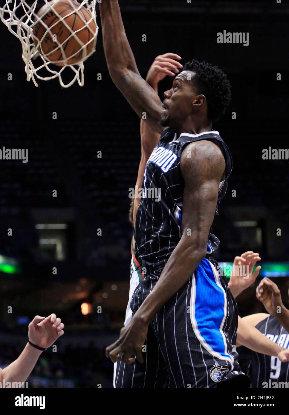 Orlando Magic center Dewayne Dedmon dunks against the Milwaukee Bucks ...