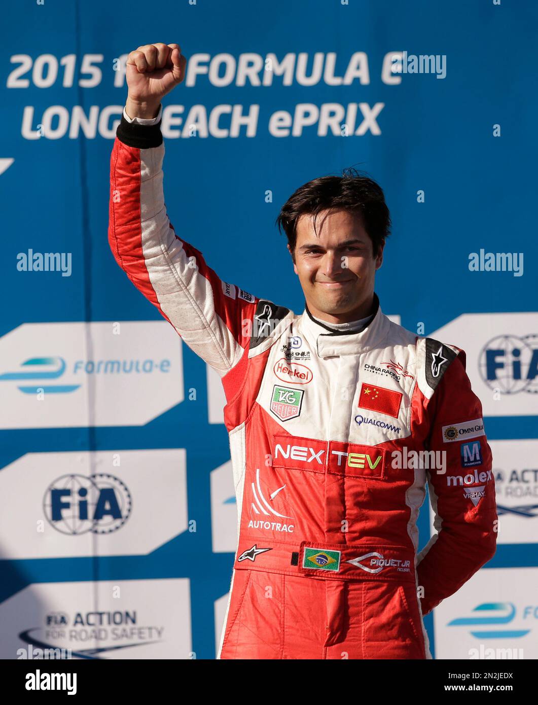 Nelson Piquet Jr., of Brazil, celebrates after winning the Formula E ...