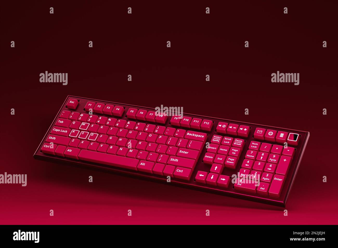 3d illustration, close up of the realistic computer or laptop keyboard on magenta background ...
