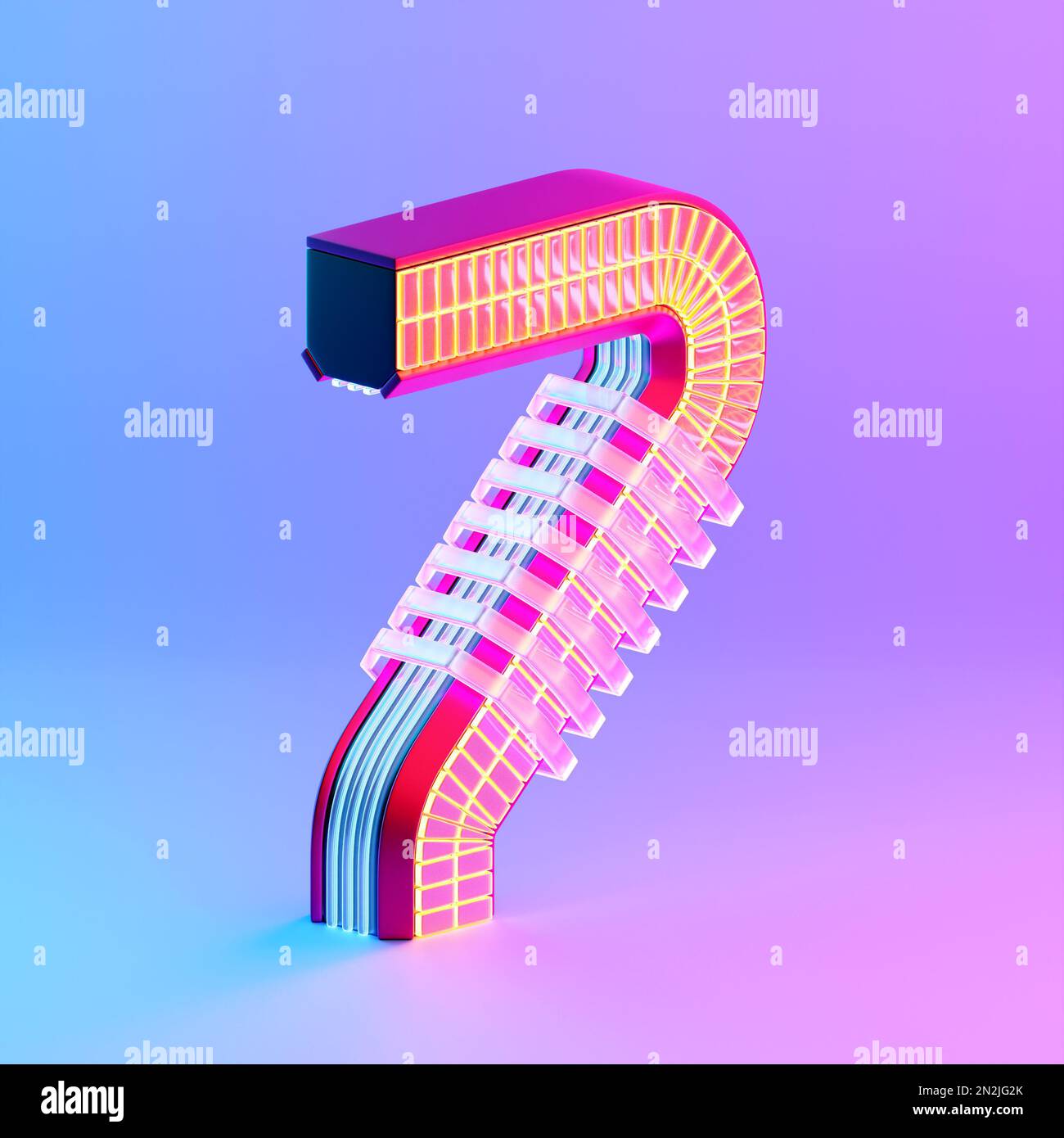 3D illustration, Number 7 seven over c neon lights on pink background ...