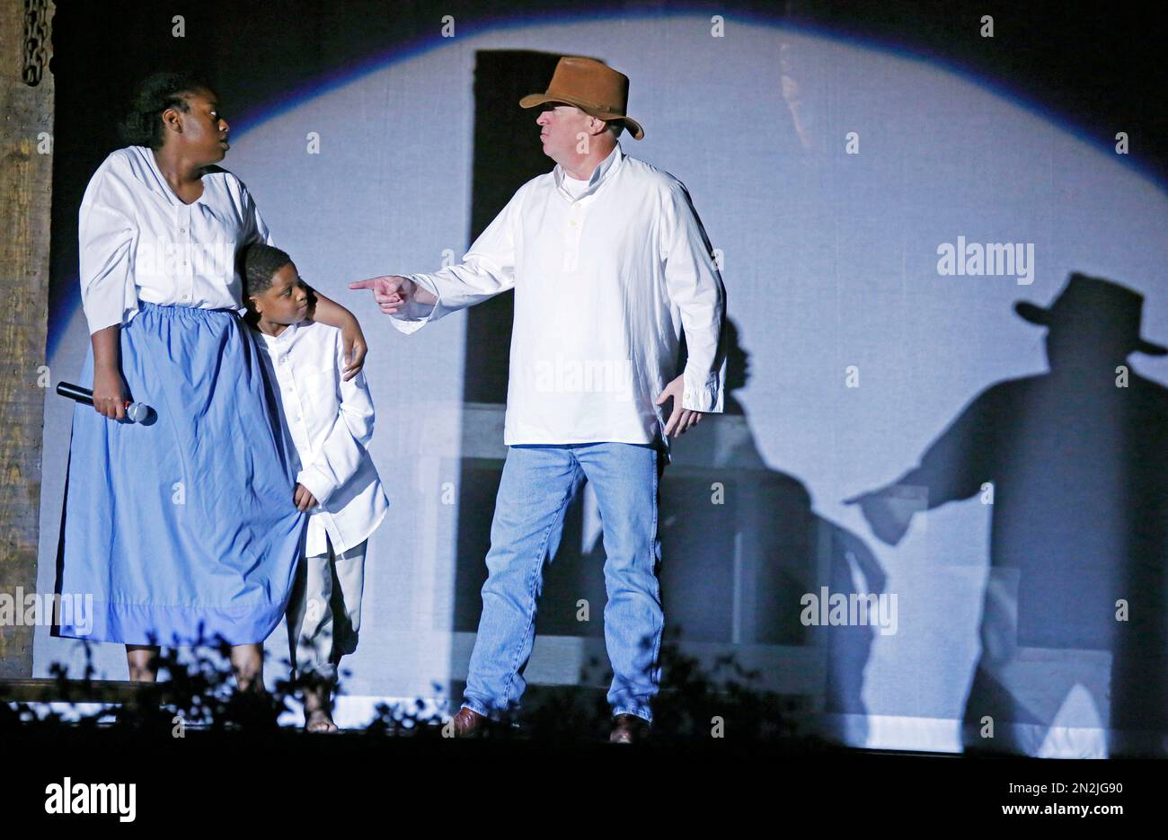 In this March 27, 2015 photograph, Wade Heatherly, who plays a slave ...