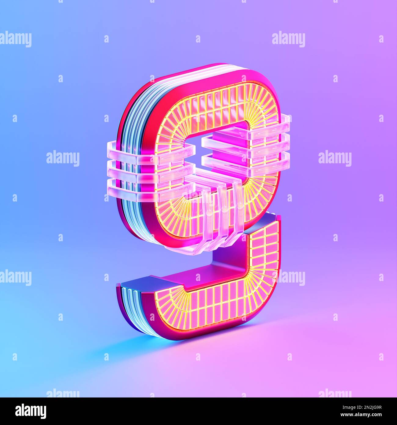 3D illustration, Number 9 nine over c neon lights on pink background ...