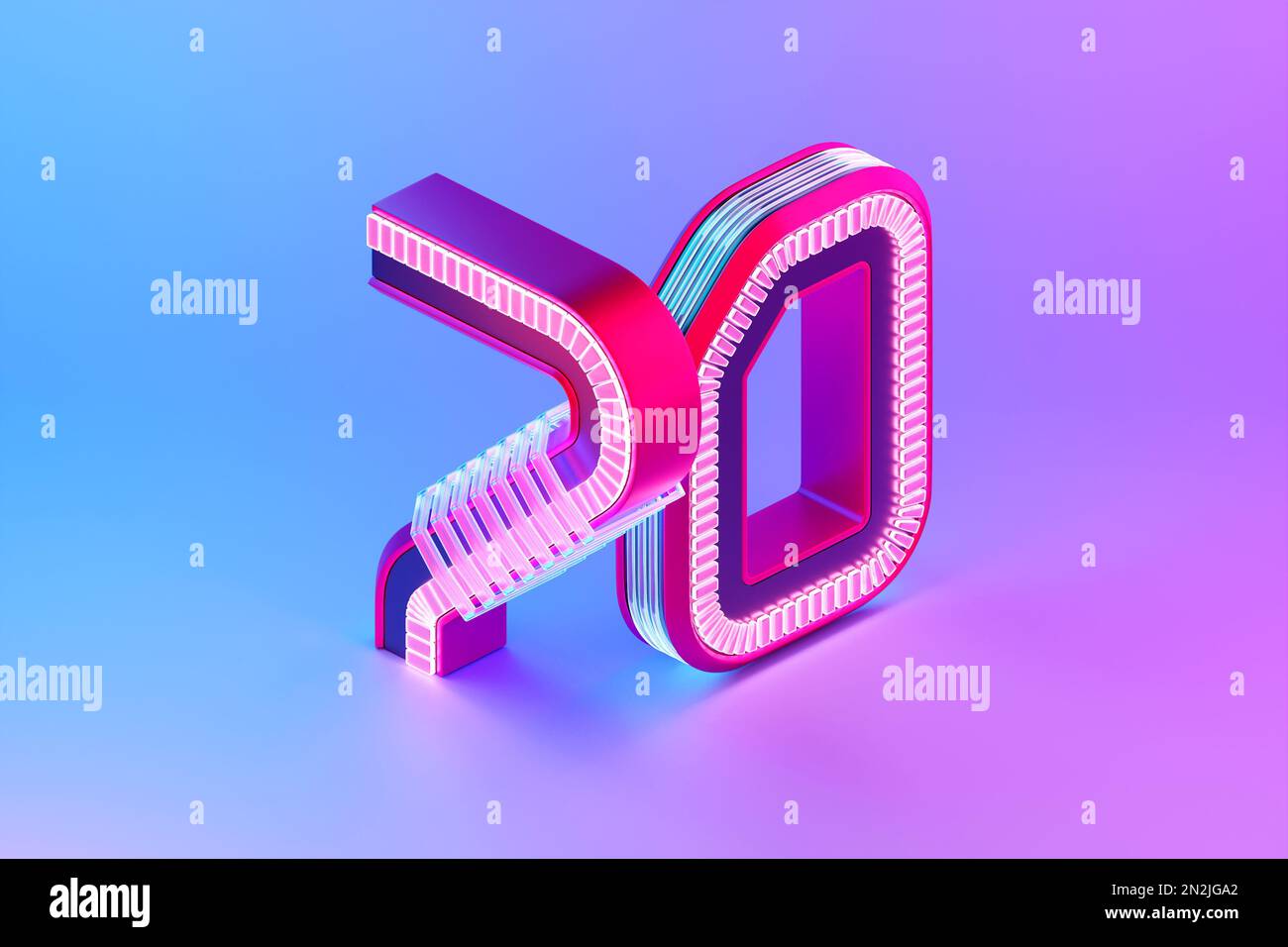 3D illustration, Number 70 seventy over c neon lights on pink ...
