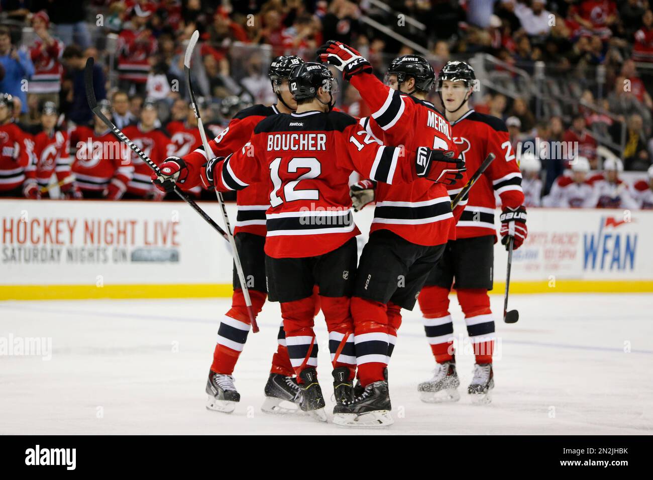 New Jersey Devils Reid Boucher (12) is congratulated after scoring a ...