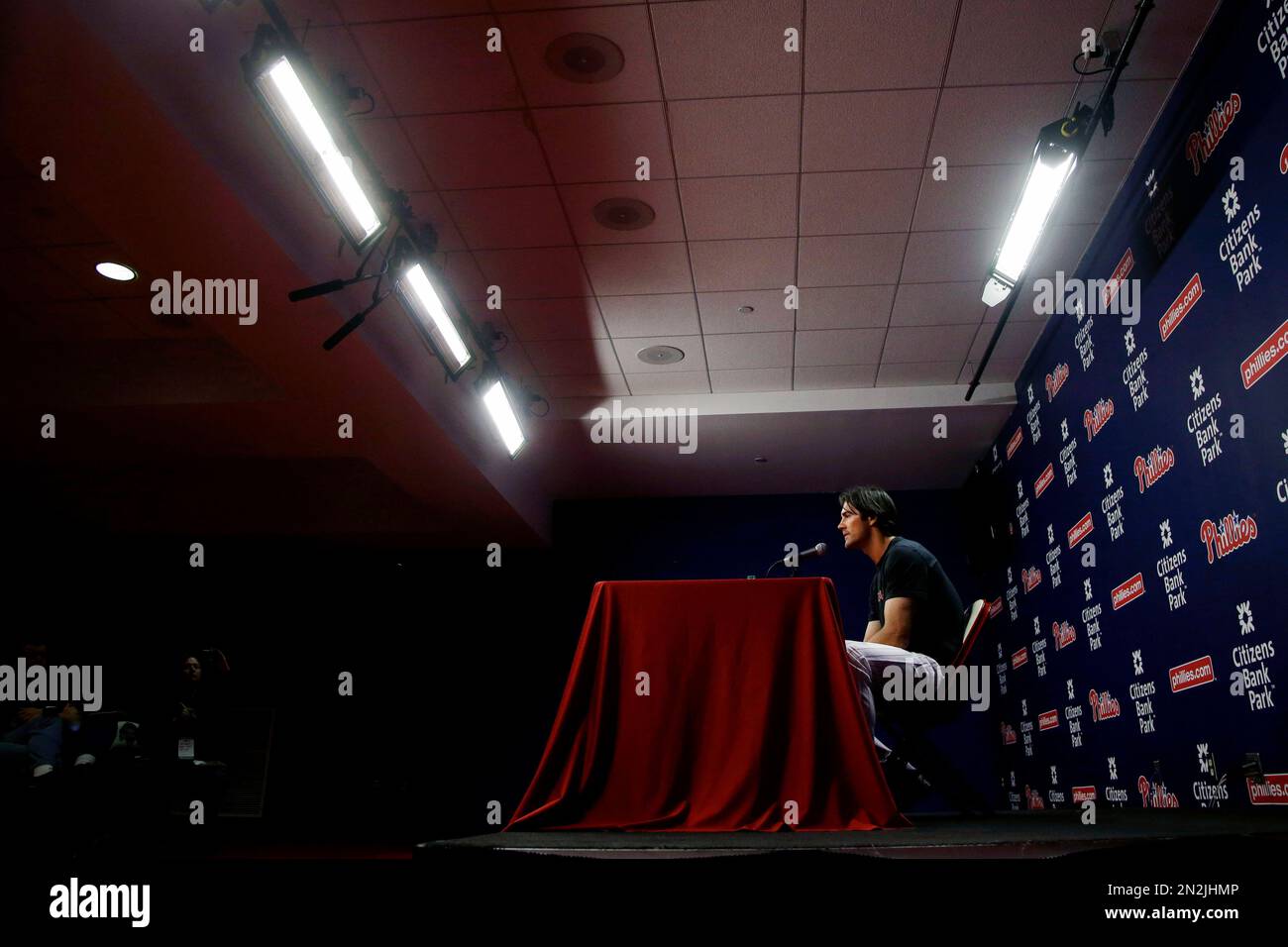 Philadelphia Phillies pitcher Cole Hamels speaks to the media during a ...
