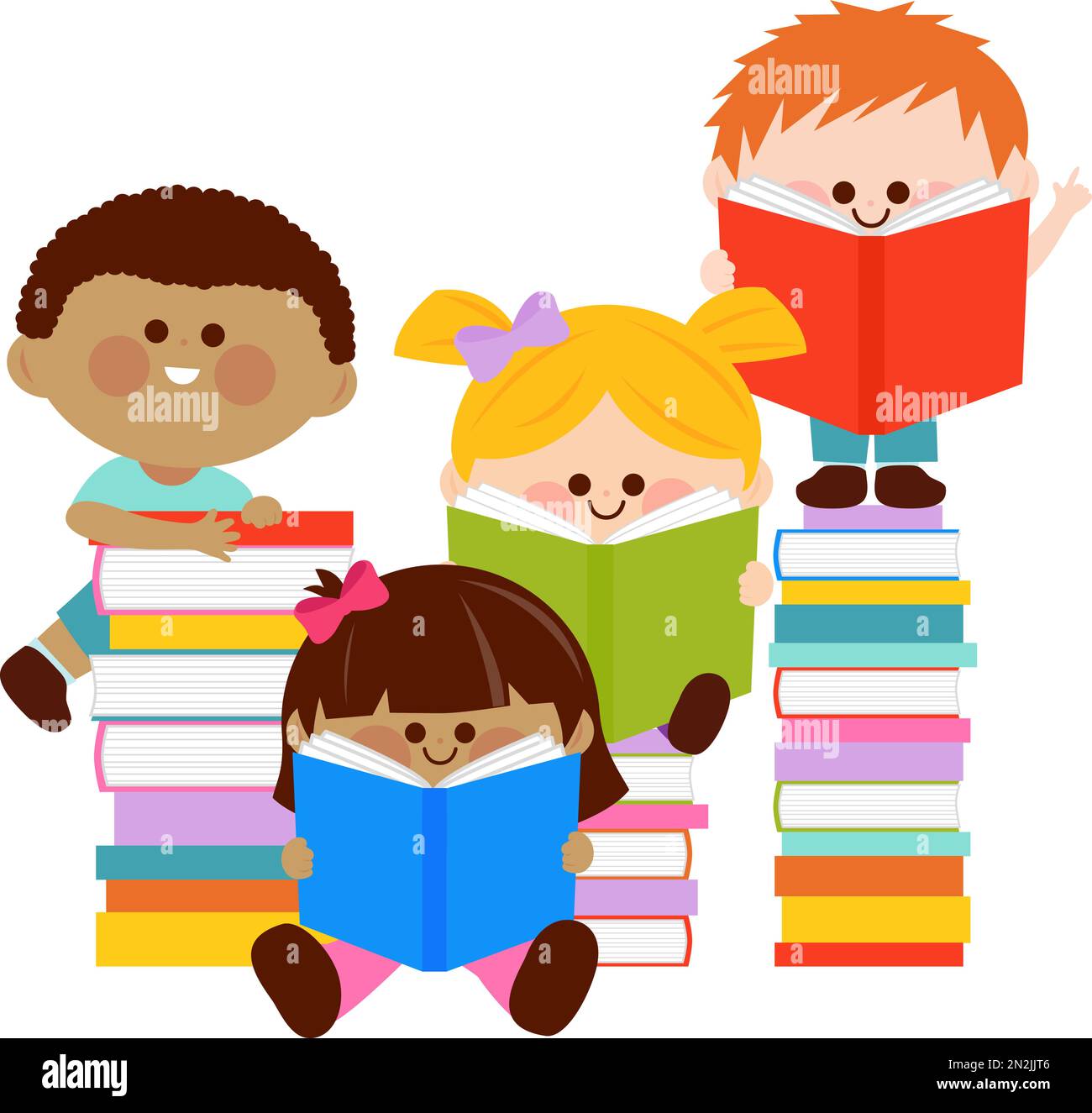 Children sitting on stacks of books and reading. Vector illustration ...