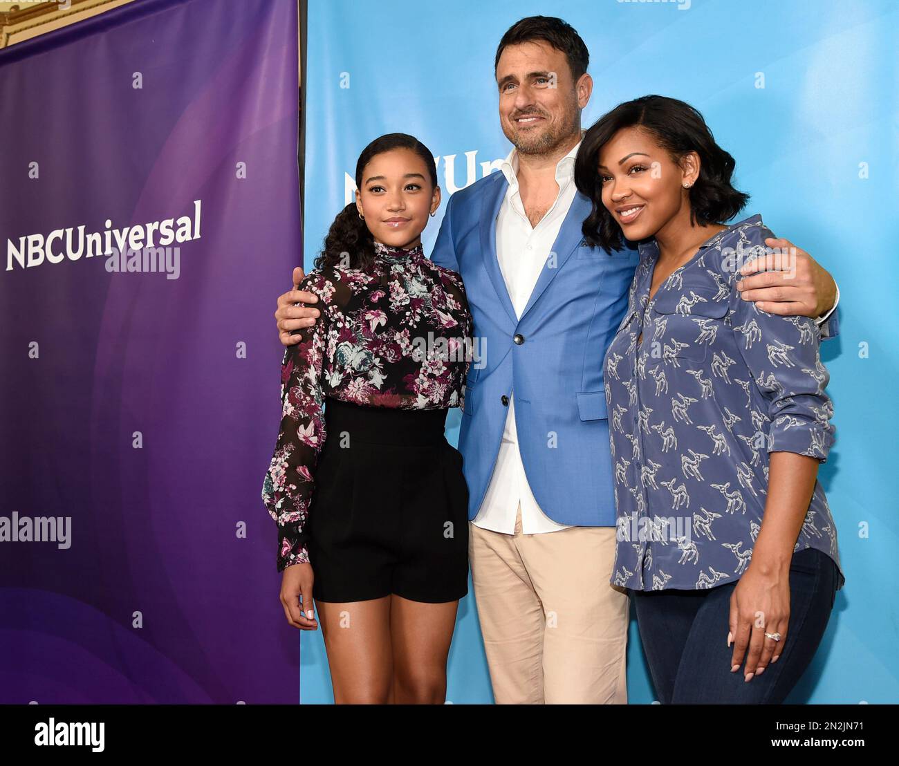 Amandla Stenberg, from left, Benjamin Koldyke and Meagan Good arrive at ...
