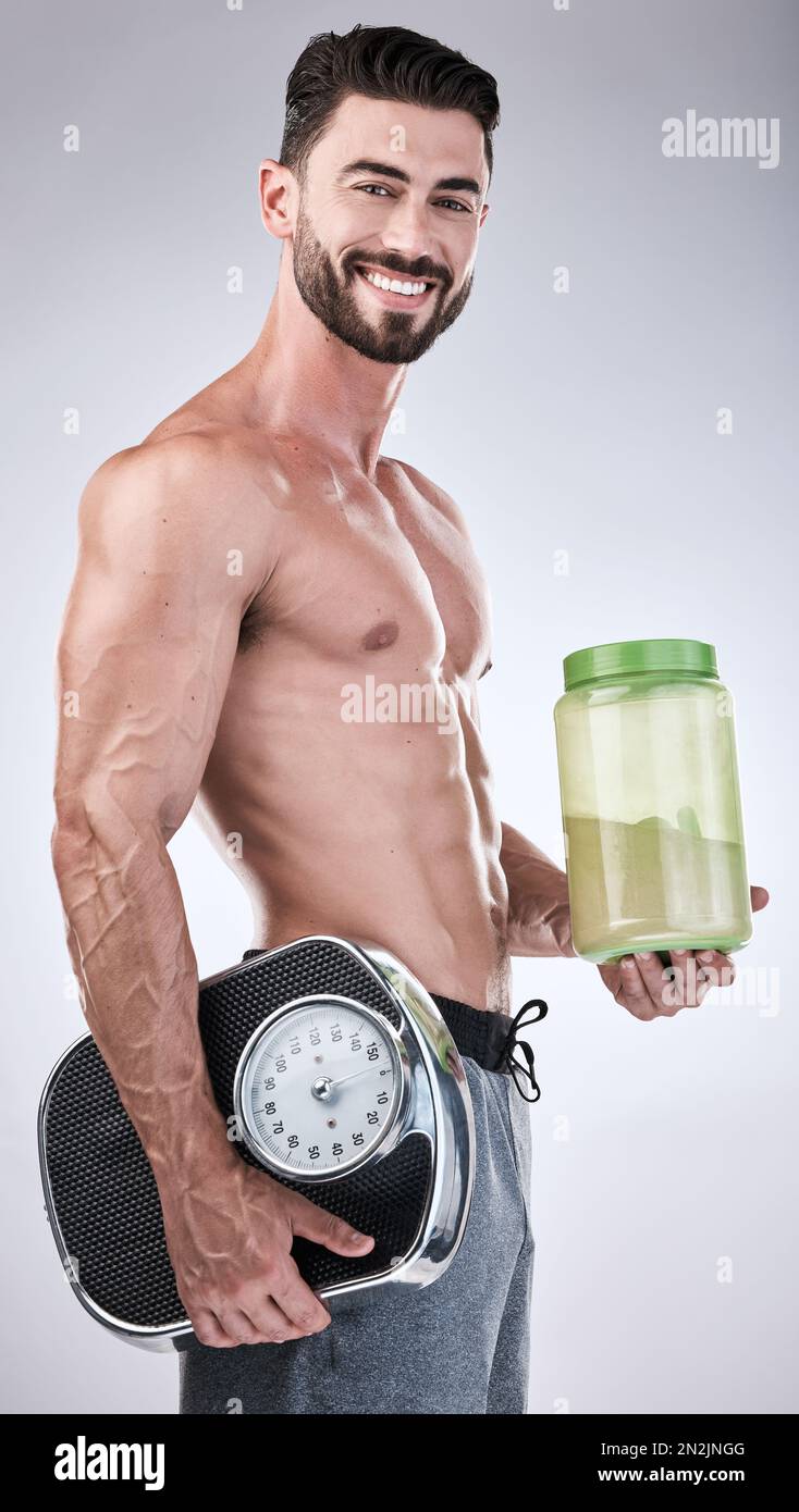 Protein shake, fitness and scale with portrait of man for workout ...