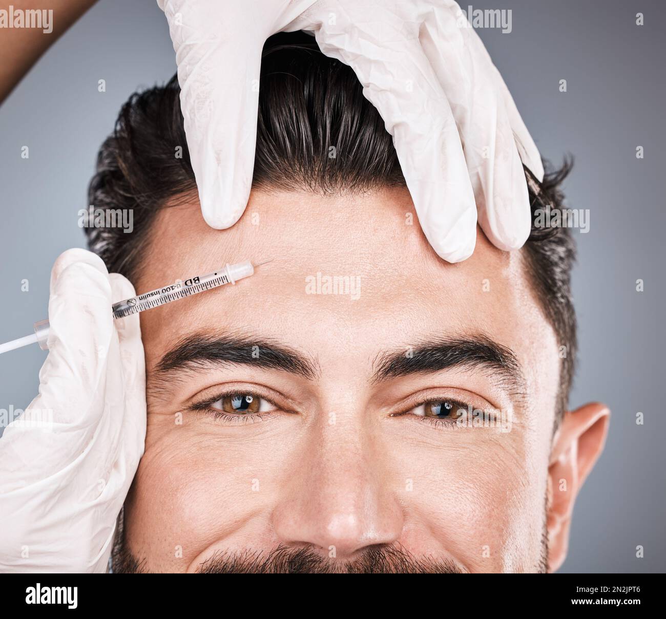 Forehead injection, man and portrait for skincare, beauty and botox ...